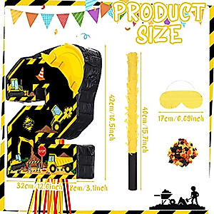 Small Number 2 Construction Pinata Pull String Dump Truck Two Pinata Tractor Excavator Pinata with Blindfold Stick Confetti for Boys Kids Construction Themed 2nd Birthday Decorations Party Supplies