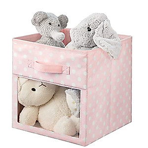 mDesign Fabric Nursery/Playroom Closet Storage Organizer Bin Box, Front Handle/Window for Cube Furniture Shelving Unit, Hold Toys, Clothes, Diapers, Bibs, 4 Pack, Pink/White Polka Dot