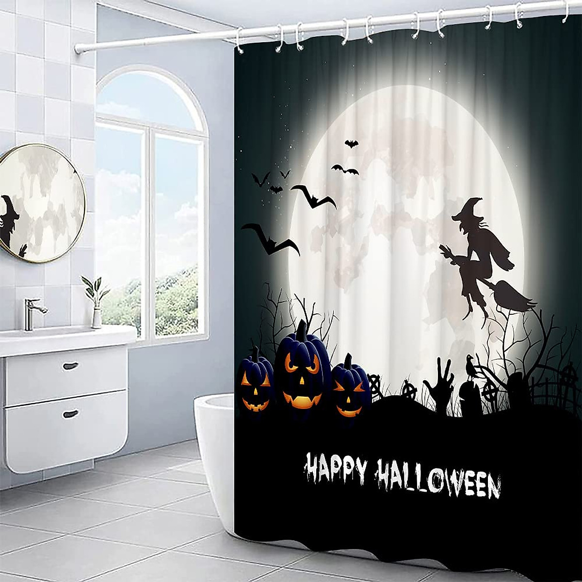PZMPZM Halloween Shower Curtain Witch Pumpkin Lanterns Full Moon Tombstone Bats Crow Pattern Party Backdrop Cloth Bathroom Polyester Fabric Curtains with Hooks 70Wx70H inch