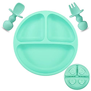 PandaEar Silicone Suction Plate for Baby| Divided Unbreakable Toddler Plate Baby Food Plate with Spoon and Fork, Non-Slip, Non-Toxic, BPA Free, Dishwasher and Microwave Safe (Green)