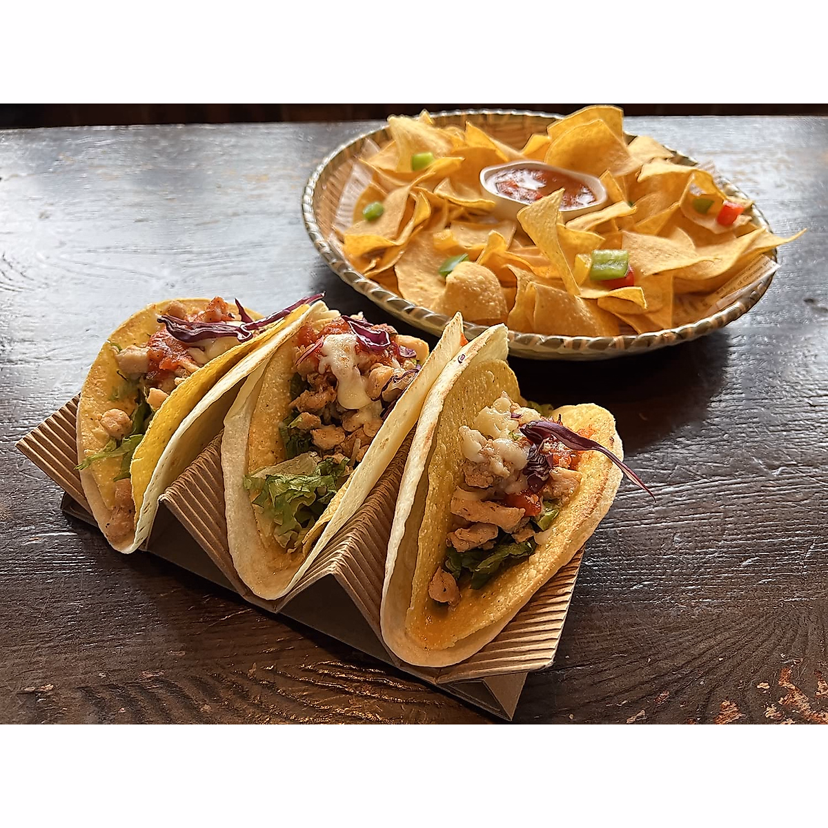 Disposable Taco Holder Stand Up Serving Rack-Holds Up to 3 Tacos, Made of Cardboard Safety&Eco-Friendly for Family or company Party,Restaurant,Outdoor,Wedding,take-out (50, Yellow)