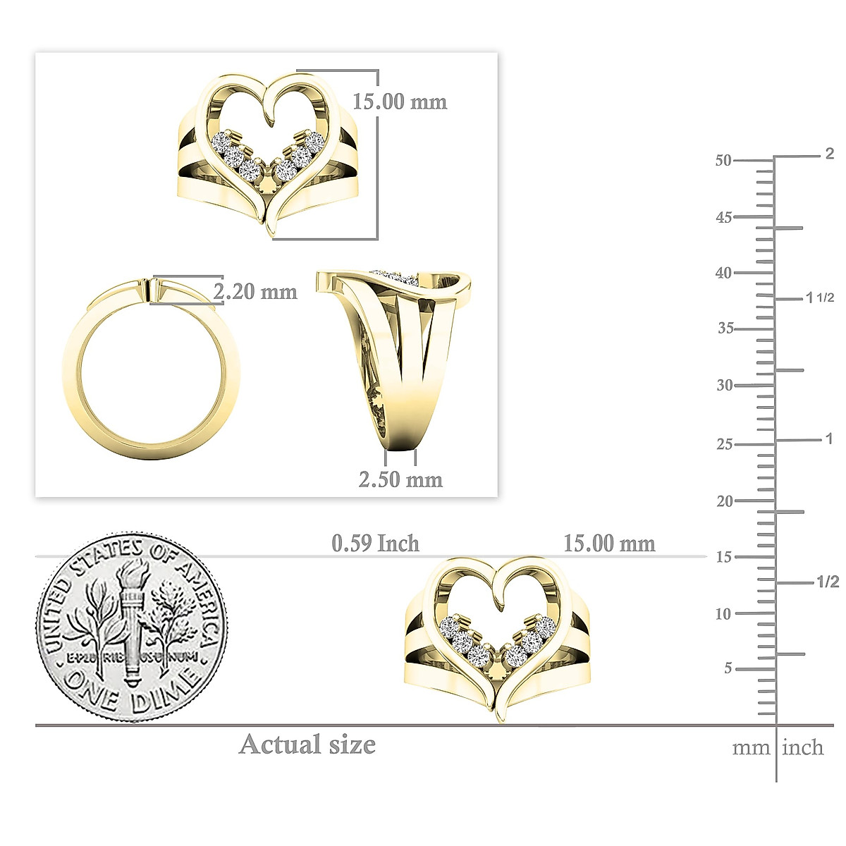 Dazzlingrock Collection 0.18 Carat (ctw) 18K Round White Diamond Cocktail Heart Right Hand Ring, Yellow Gold, Size 5