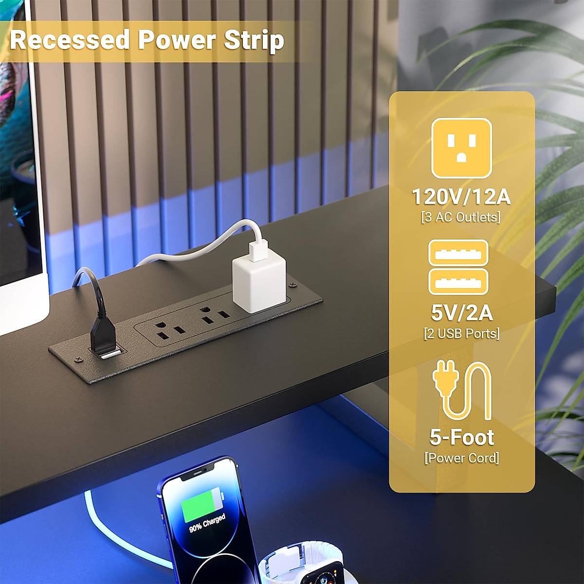 Hyomdeck Computer Desk with USB Power Outlets and LED Lights, 47 inch Gaming Desk with Monitor Stand for Small Space Home Office, Modern Simple Study Writing Table PC Desks, Black