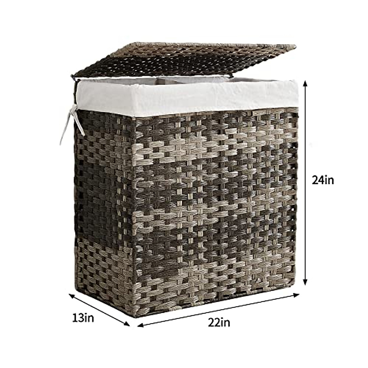 Caozichun Laundry Hamper, 110L Divided Laundry Basket with Removable Liner Bag, Handwoven Synthetic Rattan Clothes Hamper with Lid and Handles, Foldable, 22 x 13 x 24 Inches, Gray