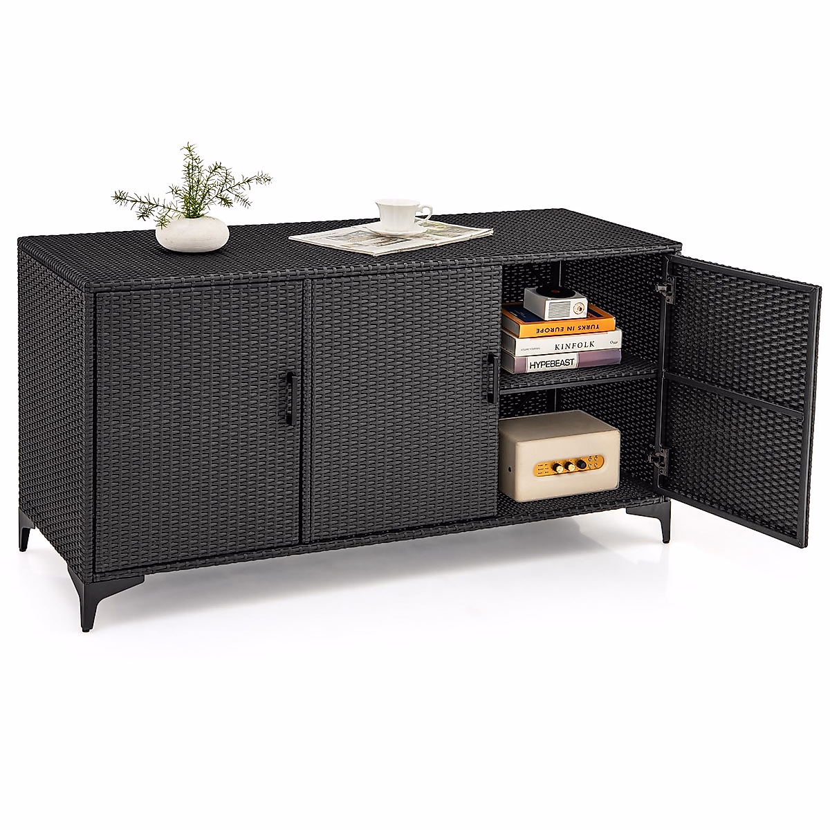 Giantex 84-Gallon Wicker Deck Box - Patio Storage Cabinet, 3-Door PE Rattan Storage Container with Removable Shelves, Indoor & Outdoor Package Box for Porch, Patio Furniture Cushions Tools (Black)