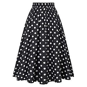 Women's Skater Flare Skirt with Pockets Solid High Waist Vinatge Skirt (Black Polka Dots,L)