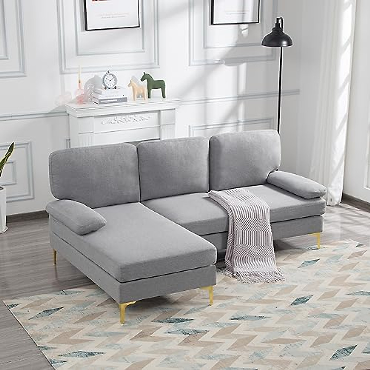 ERYE Soft Polyester Sofa&Couch with Left Lounge Chaise, L-Shaped Corner Upholstered Couch W/Pillow-Top Armrest & Golden Metal Legs for Living Room Furniture Sets, 79.5", Light Gray-005