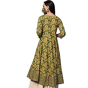 Yash Gallery Printed Yoke Design Cotton Anarkali Kurta for Women Indian Style Green