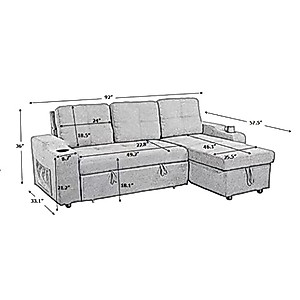 Eafurn L-Shaped Convertible Sleeper Sectional Sofa Couch Bed w/Chaise Lounge & Cup Holders, Reversible Corner Couch w/Pull Out Bed& Storage, 4 Seater Tufted Pullout Sofabed for Living Room Office