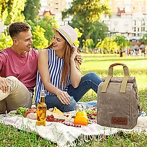 Corebes Insulated Lunch Bag for Men/Women, 11L Waxed Canvas Lunch Box with Adjustable Shoulder Strap & Double Hook-and-Loop Handles for Work Picnic Hiking