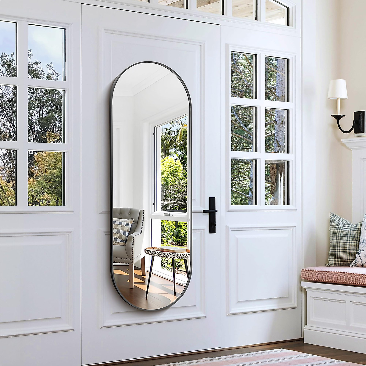 KOCUUY Oval Full Length Mirror with Hanging Leather Strap, 16"x48" Black Metal Frame Hanging Mirror, Full Body Dressing Mirror Wall Door Mirror for Bathroom Vanity Living Room Bedroom Entryway