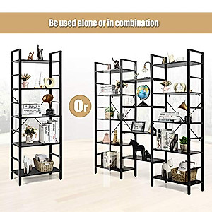 Tangkula Triple Wide 5-Tier Bookcase, Large Open Bookshelf, Display & Storage Shelf, Vintage Industrial Style Shelves with Metal Frame, Bookcase Furniture for Living Room, Study, Office (Black)