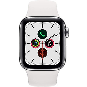 Apple Watch Series 5 (GPS + Cellular, 44MM) - Silver Stainless Steel Case with White Sport Band (Renewed)