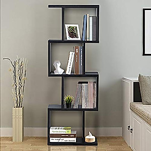 Giantex 4 Tier Bookshelf S Shaped Bookcase, Multifunctional Wooden Display Decor Furniture, Free Standing Industrial Storage Rack for Living Room Bedroom Office, Modern 4 Shelf Bookcase (Black, 1)
