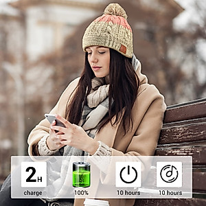 Bluetooth Beanie for Women, Wireless Knit Winter Cap, Built in Microphone and HD Stereo Speakers, Beanie Hat with Headphones for Outdoor Homes and Gifts (Khaki & Pink)