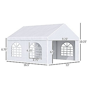 Outsunny 13' x 16' Party Tent and Carport, Large Outdoor Canopy Tent Portable Garage with Removable Sidewalls, 2 Doors and Windows, White Tents for Parties, Wedding, Events, BBQ