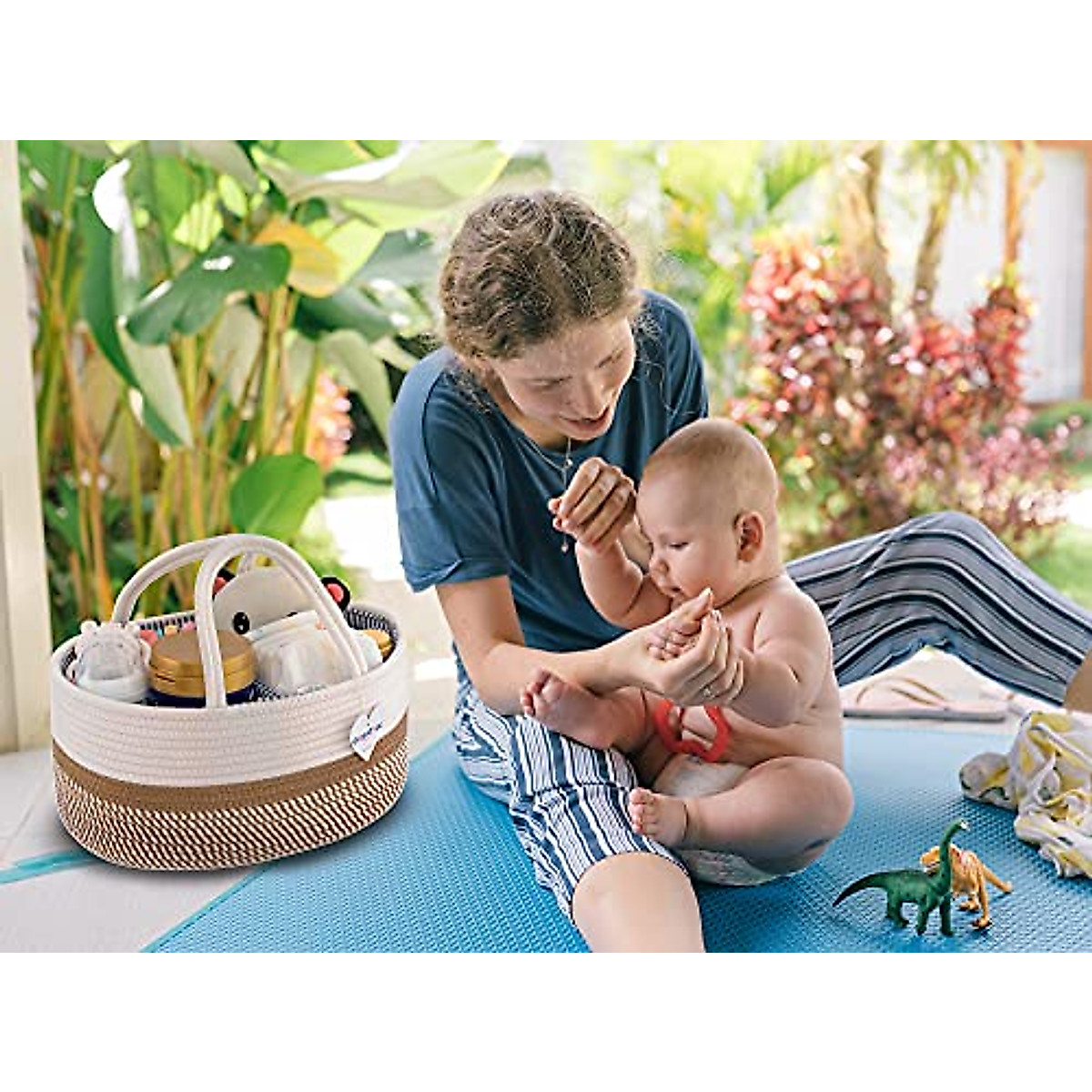 GREATALE Baby Diaper Caddy Organizer - Portable Rope Nursery Storage Bin for Changing Table & Car - Diaper Storage Basket with Removable Divider (Brown)