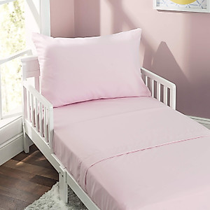 EVERYDAY KIDS 4 Piece Toddler Bedding Set - includes Comforter, Flat Sheet, Fitted Sheet and Reversible Pillowcase - Solid Pink