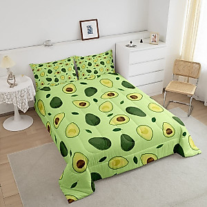 Manfei Fruits Theme Comforter Set Twin Size, Green Avocado Bedding Set 2pcs for Kids Boys Girls Room Decor, Plaid Grid Print Quilt Set with 1 Pillowcase