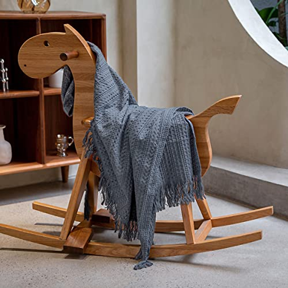 100% Cotton Waffle Blanket with Fringe, Pre-Washed Waffle Weave Blanket for All Season, Lightweight Breathable Soft Cozy Throw Blanket for Couch, Bed, Travel (Blue - 50x60 Inches)