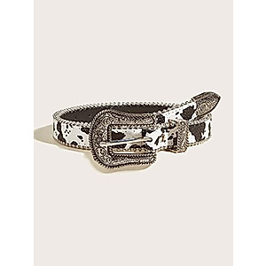 Verdusa Women's Cow Print Leather Belts Vintage Weatern Waist Belt Black and White 80