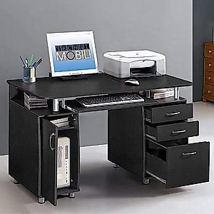 Home Office Black Computer Desk - Wood Computer Workstation with 1pc Door, 3pcs Drawers and Keyboard Tray for Home Office Workstation (black2)
