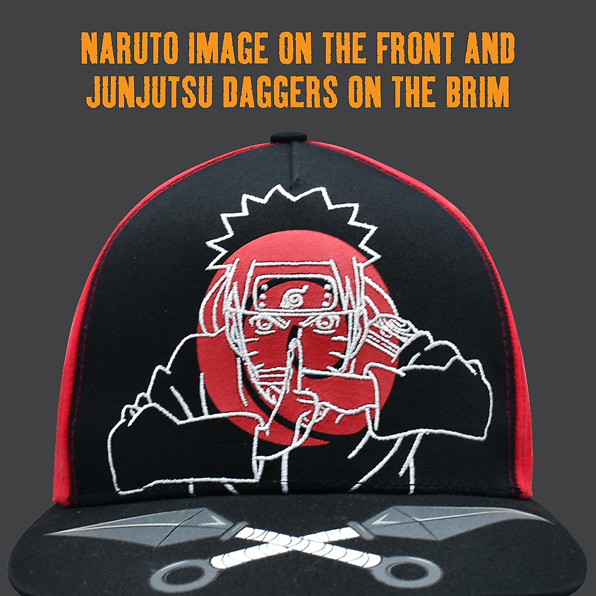 Naruto Baseball Hat, Jutsu Daggers Design Adult Snapback Cap with Flat Brim, Red/Black, One Size