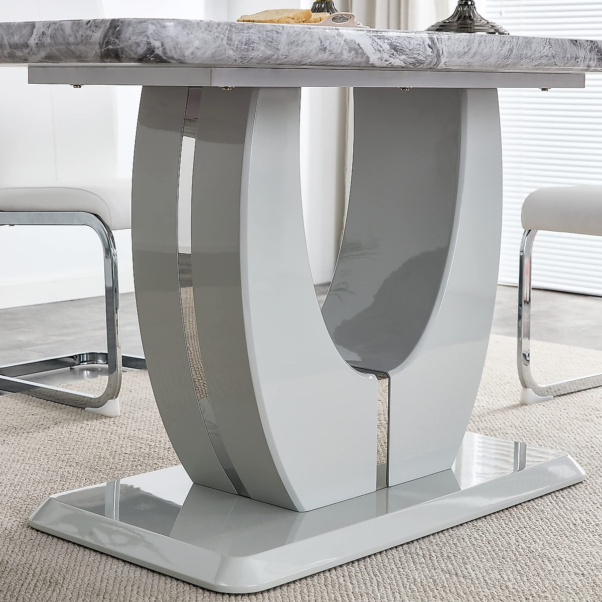 HomVent 7PCS Dining Table Set for 6,63" Dining Table with Imitation Marble Grain Table Top & High Glossy Wooden Bracket,PU Leather Chairs and Kitchen Table