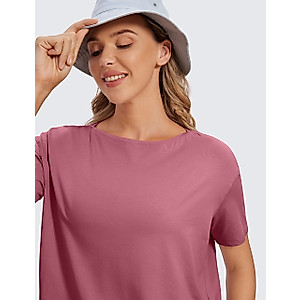 CRZ YOGA Women's Pima Cotton Short Sleeve Shirts Boat Neck Loose Fit Gym Workout T-Shirt Athletic Casual Tops Misty Merlot X-Large