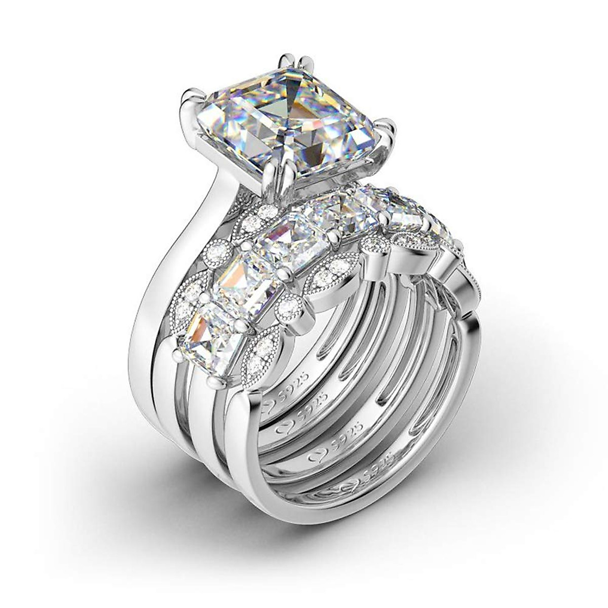 Jeulia 4PC Asscher Cut Sterling Silver Ring Set Cubic Zirconia CZ Engagement Anniversary Eternity Promise Wedding Band Ring Set with Jewelry Box (6.5)