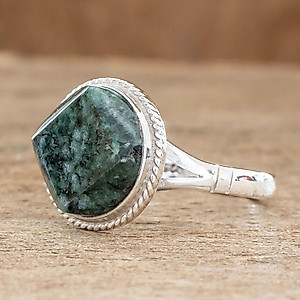 NOVICA Artisan Handmade Jade Cocktail Ring Sterling Silver Green Guatemala Cypress Good Luck [crownbezel 0.6 in L x 0.6 in W x 0.2 in H Band Width 3 mm W] ' Square Circle'
