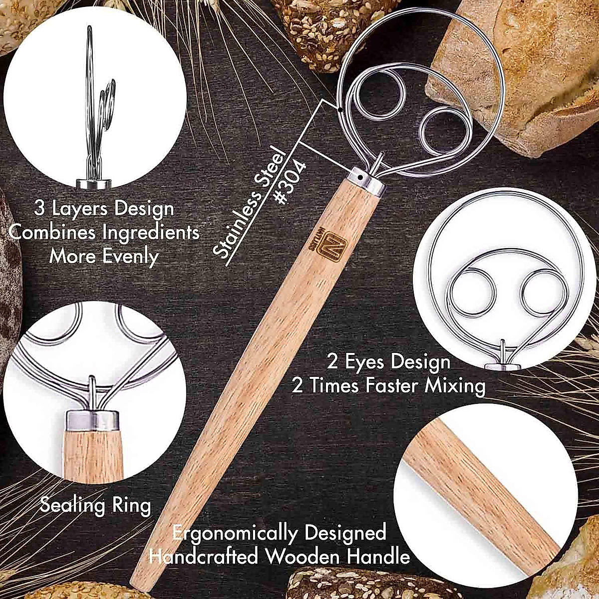 Natluss Original Danish Dough Whisk Dutch Style 13" Stainless Steel Large Wooden Hand Dough Mixer Baking Tool For Bread, Batter, Cake, Pastry, Pancake mixer, Cookie Dough Mixer For Cooking and Baking