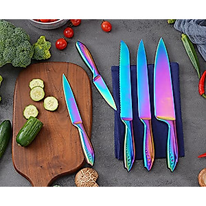 WELLSTAR Kitchen Knife Set 5 Piece, Razor Sharp German Stainless Steel Blade and Comfortable Handle with Rainbow Titanium Coated, Chef Carving Bread Utility Paring for Cutting and Peeling, Gift Box