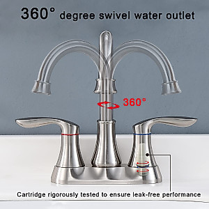 GELE Bathroom Faucet Brushed Nickel with Pop-up Drain & Supply Hoses Two-Handle 360 Degree High Arc Swivel Spout Centerset 4 Inch Vanity Sink Faucet 4011B-NP