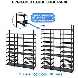 Plzlove 10 Tiers Shoe Rack Organizer for Closet & Entryway, Tall Metal Shoe Shelf Storage 54-62 Pairs, Extra Large Shoe Stand Black Stackable Boot Rack for Garage, Bedroom, Cloakroom with Hooks