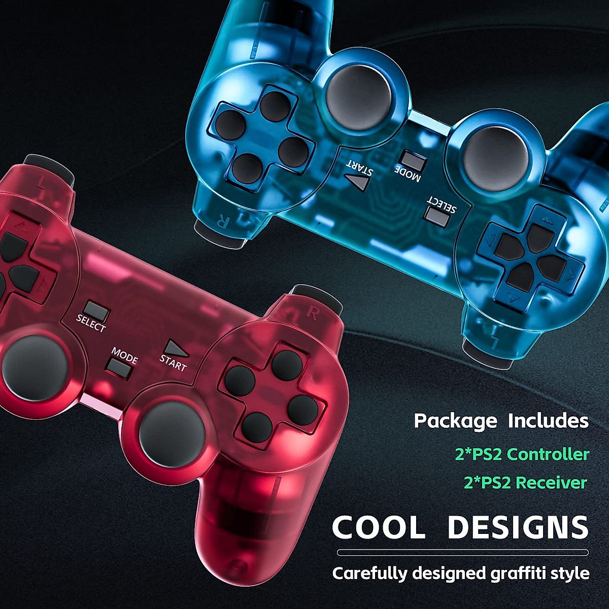 Burcica Wireless Controller for PS2 Play Station 2 Dual Vibration 2 PC (ClearBlue and ClearRed)