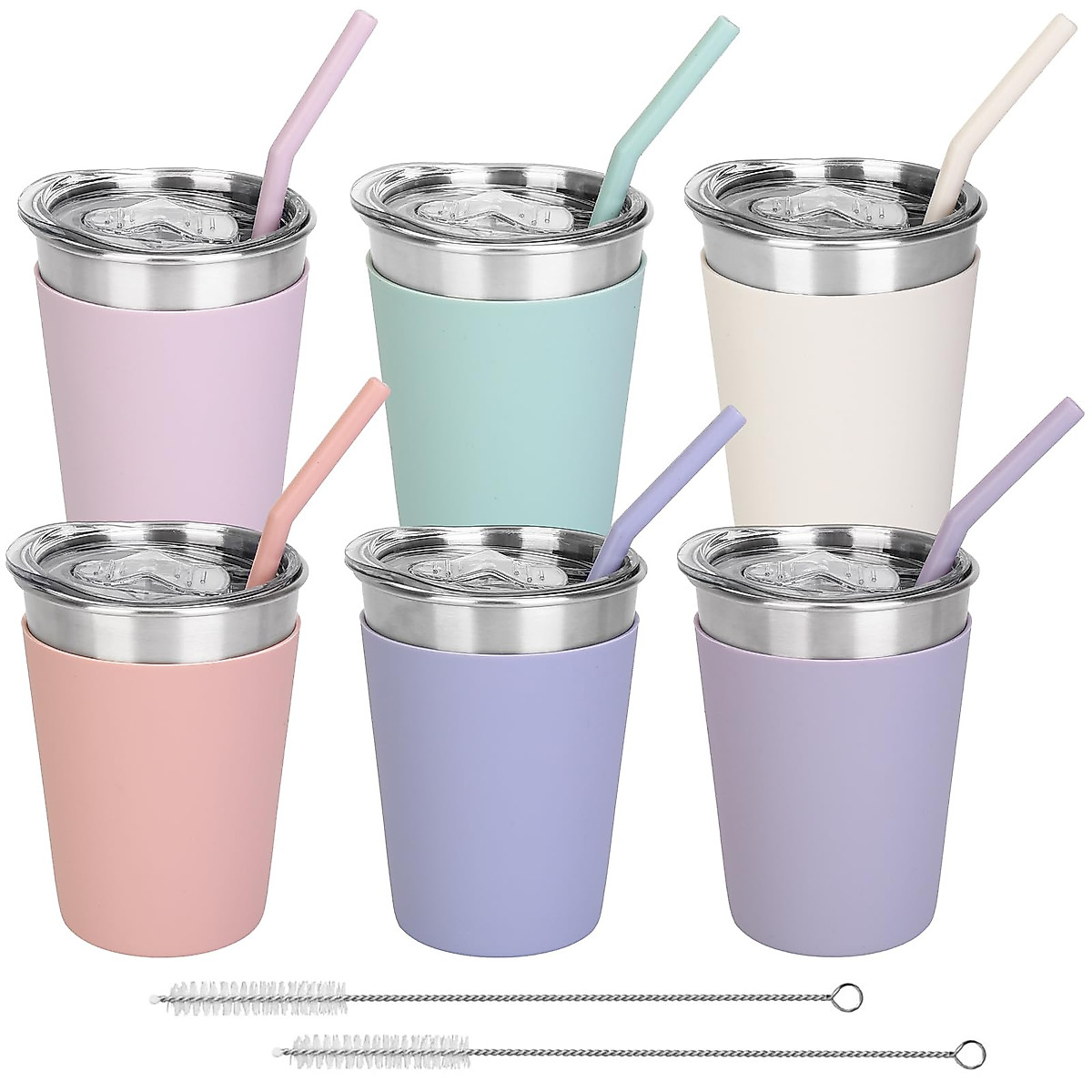 IEBIYO 6 Pack Kids Cups with Straws and Lids Water Spill Proof Toddlers Mugs with Colorful Silicone Sleeves Stainless Steel Cups Tumblers for Cold & Hot Drinks for Children and Adults （12oz