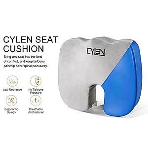 CYLEN Home Office Seat Cushion - Comfort Memory Foam Chair Cushion with Cooling Gel Infused for Tailbone, Coccyx, Back & Sciatica Pain Relief (Grey)