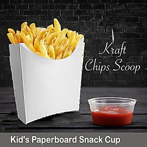 Angel's Peel Lounge Disposable Snack Containers/French Fry Box Holders 4oz – White Paper French Fry Scoop for Onion Rings, and Popcorn - Kid's Paperboard Snack Cup – Party Favors (Pack of 50)