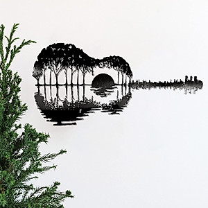 Abstract Guitar Metal Art Ideal Gift for Guitarist, Sunset Guitar Metal Wall Art Hanging Ornament, Metal Guitarist Art Wall Sculptures for Guitar Lover Home Decoration Music Wall Art Decor (Black)