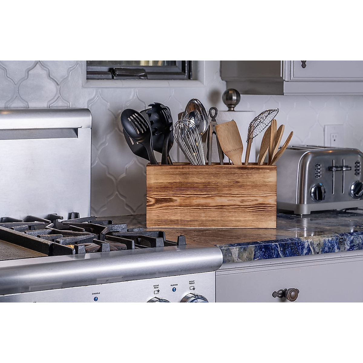 CB Accessories Utensil Holder in Rustic Wood for Farmhouse Kitchen Decor, Countertop Organizer and Cooking Tools Storage (Triple)