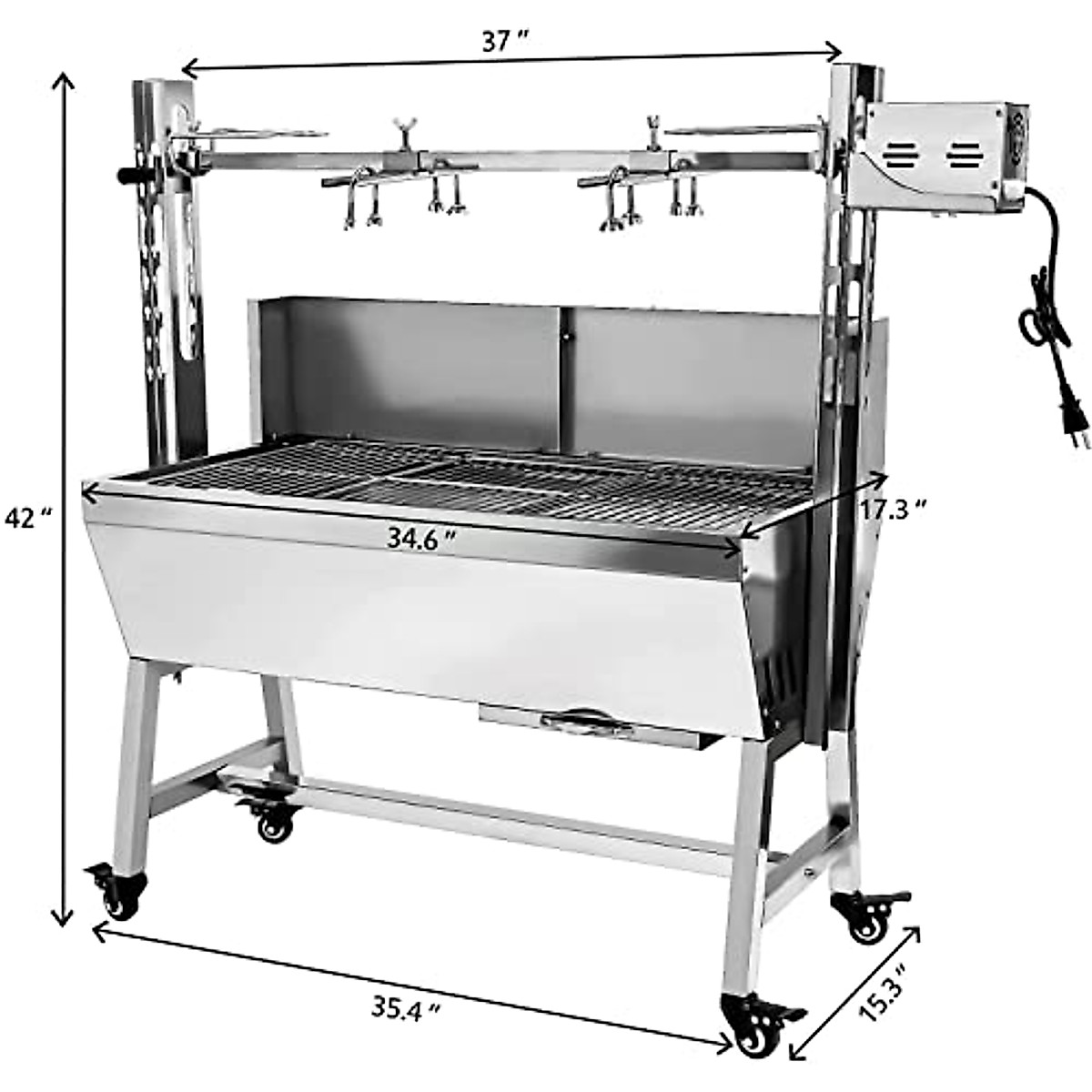 KODOM 132LBS Stainless Steel Rotisserie Grill with Back Cover Guard, 25W Motor Small Pig Lamb Rotisserie Roaster, 37 Inch BBQ Charcoal Rotisserie Roaster Grill for Camping Outdoor Kitchen