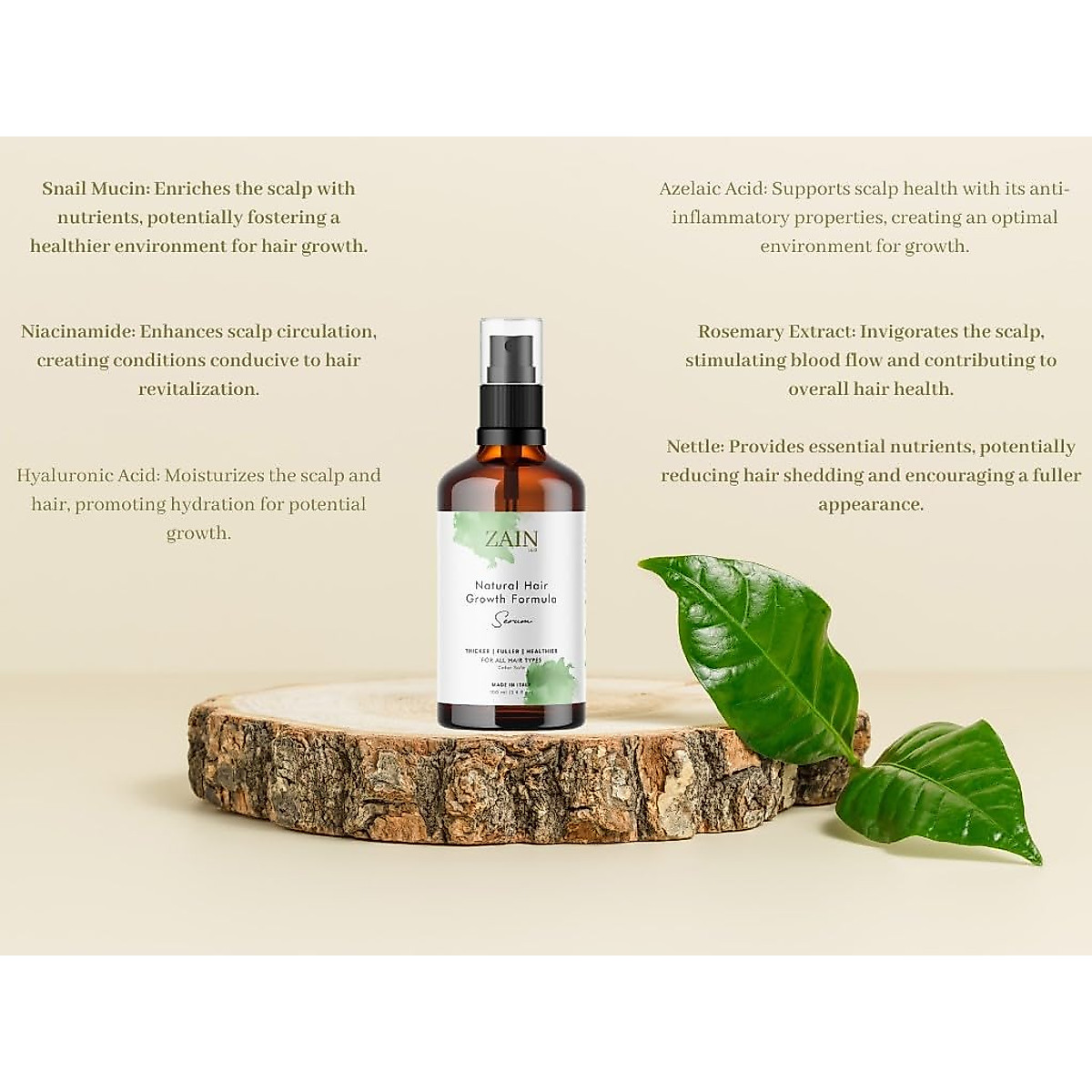 ZAIN1 Natural Hair growth serum with Snail Mucin, Rosmary, Niacinamide, Hyaluronic acid, Azelaic acid, Nettle, and Much More Natural Ingredients (Mimosa, 3.4 oz). Our products are made by nature