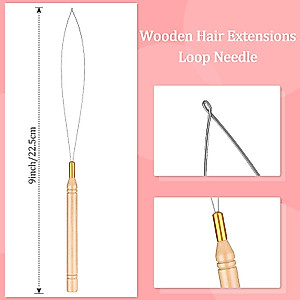 10 Pieces Wooden Hair Extension Loop Needle Kit Hair Extension Loop Tool Threader Wire Pulling Hook Tool and Bead Device Tool Black Loop Threader for Hair or Feather Extensions