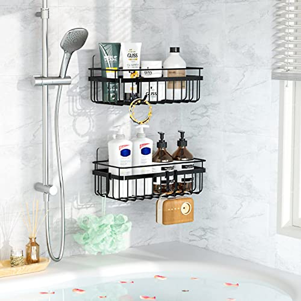 Shower Caddy Shelf Organizer, Self Adhesive Shower Shelves for Tiles Walls, Shower Rack Storage for Inside Shower No Drilling, Bathroom Shower Organizer Rustproof Stainless Steel, 2 Pack, Black