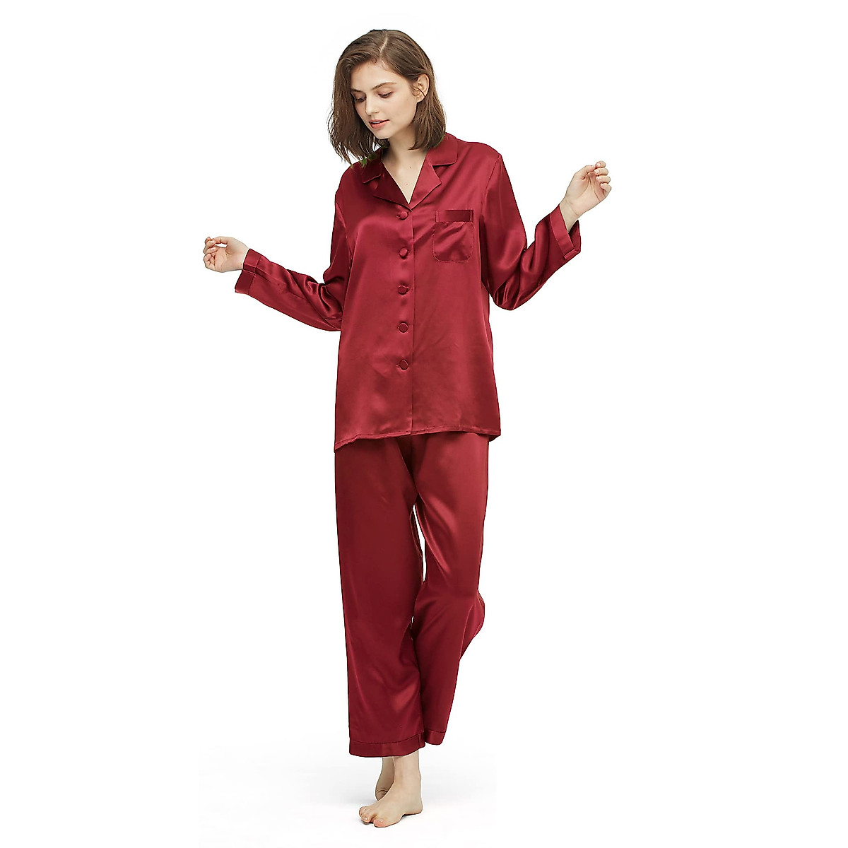 LilySilk Silk Pajamas for Women Button Up Pajamas Set for Ladies Girls Soft Maternity Pajamas Birthday Bridal Party Gift for Christmas Anniversary Valentine's day, Claret L