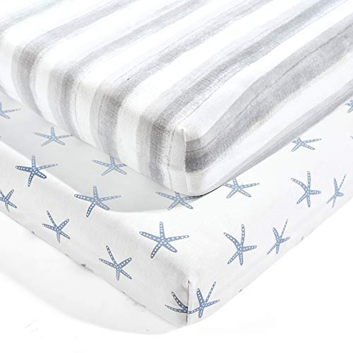 Lush Decor Baby Seaside Starfish Organic Cotton 2 Pack Fitted Crib Sheet, Blue, 52" L x 28" W + 9" Drop