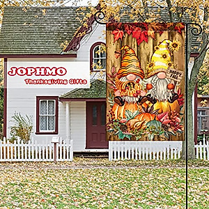 JOPHMO Fall Garden Flag, Happy Fall Gnomes Pumpkins Small Garden Flags 12x18 Inch, Double Sided Vertical Burlap Yard Flag Home Seasonal Outdoor Decor