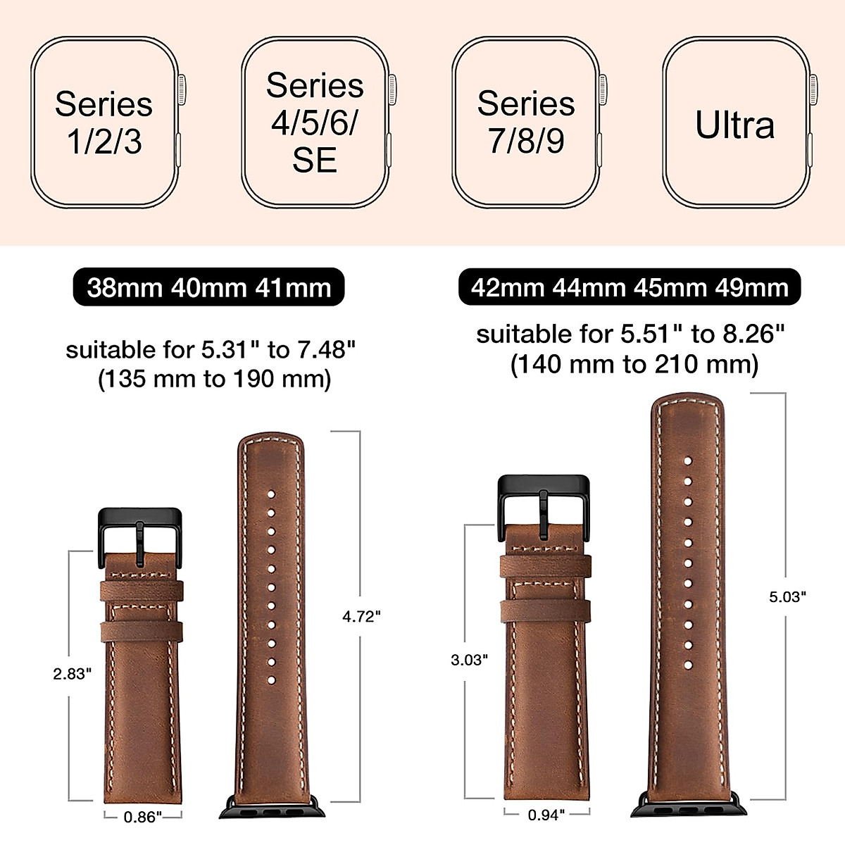 SUNFWR Leather Bands Compatible with Apple Watch Band 49mm 45mm 44mm 42mm for Men Women, Top Grain Genuine Leather Replacement Strap for iWatch Ultra SE2 SE Series 8 7 6 5 4 3 2 1 (Red Brown/Black)