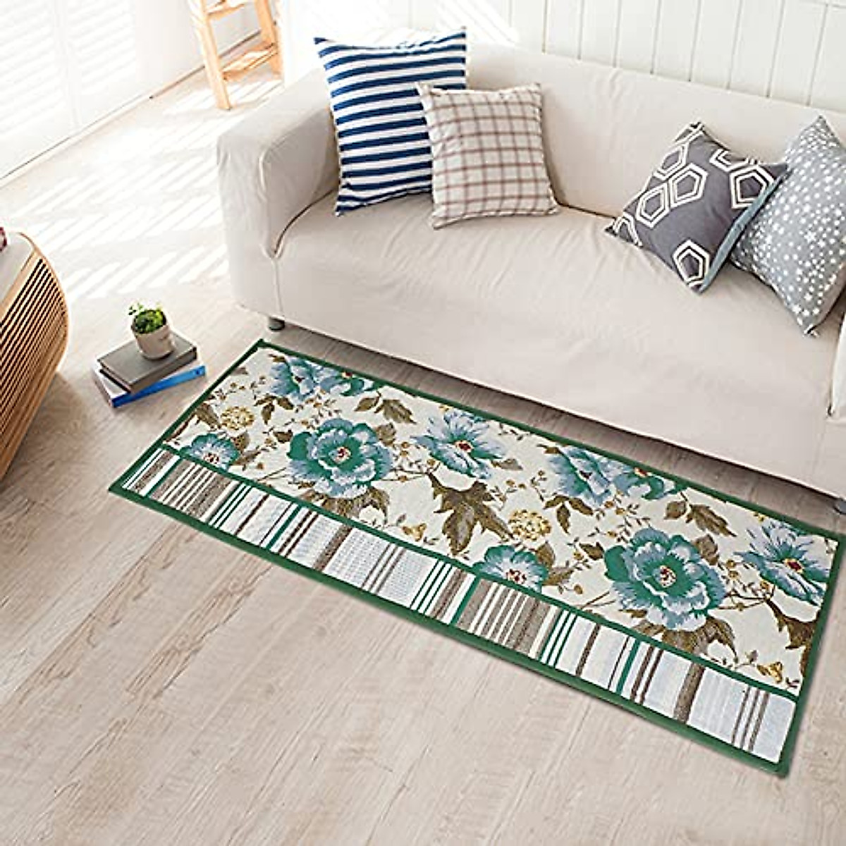 yazi Fabric Kitchen Mat Area Rug Green Striped Flower Non-Slip Rubber Backing Floomat,47x18 Inches